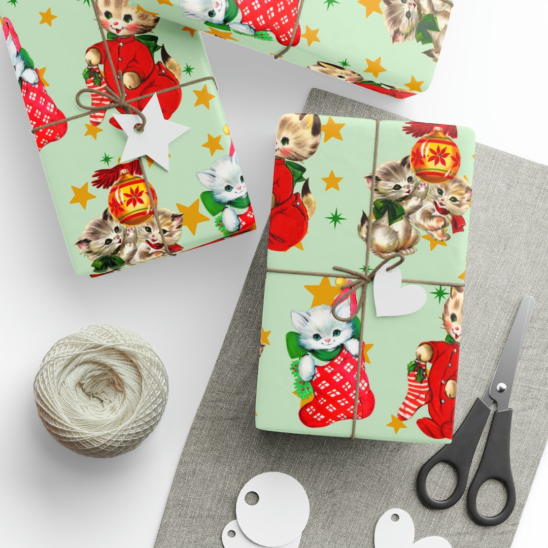 Cute Cat Christmas Wrapping Paper, Cat Lover Christmas Gift Wrap, Xmas ...