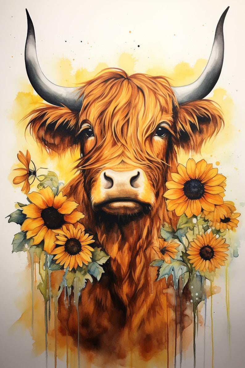 Sunflower Highland Cow Digital Download Print Watercolor Cow - Etsy