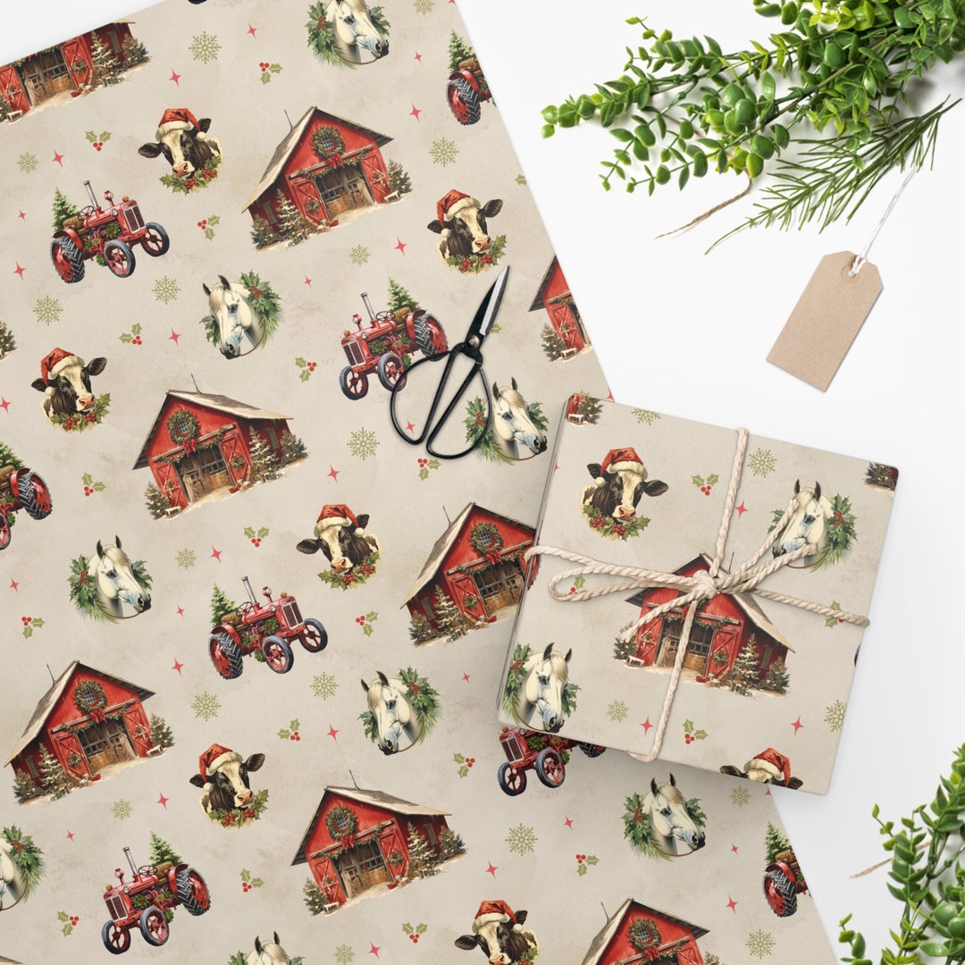 Vintage Christmas Farm Wrapping Paper, Vintage Xmas Gift Wrap, Horse ...