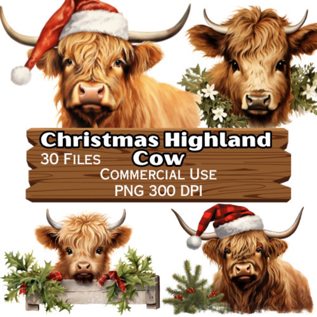 Christmas Highland Cow Clipart Bundle PNG, Sublimation Design, Digital ...