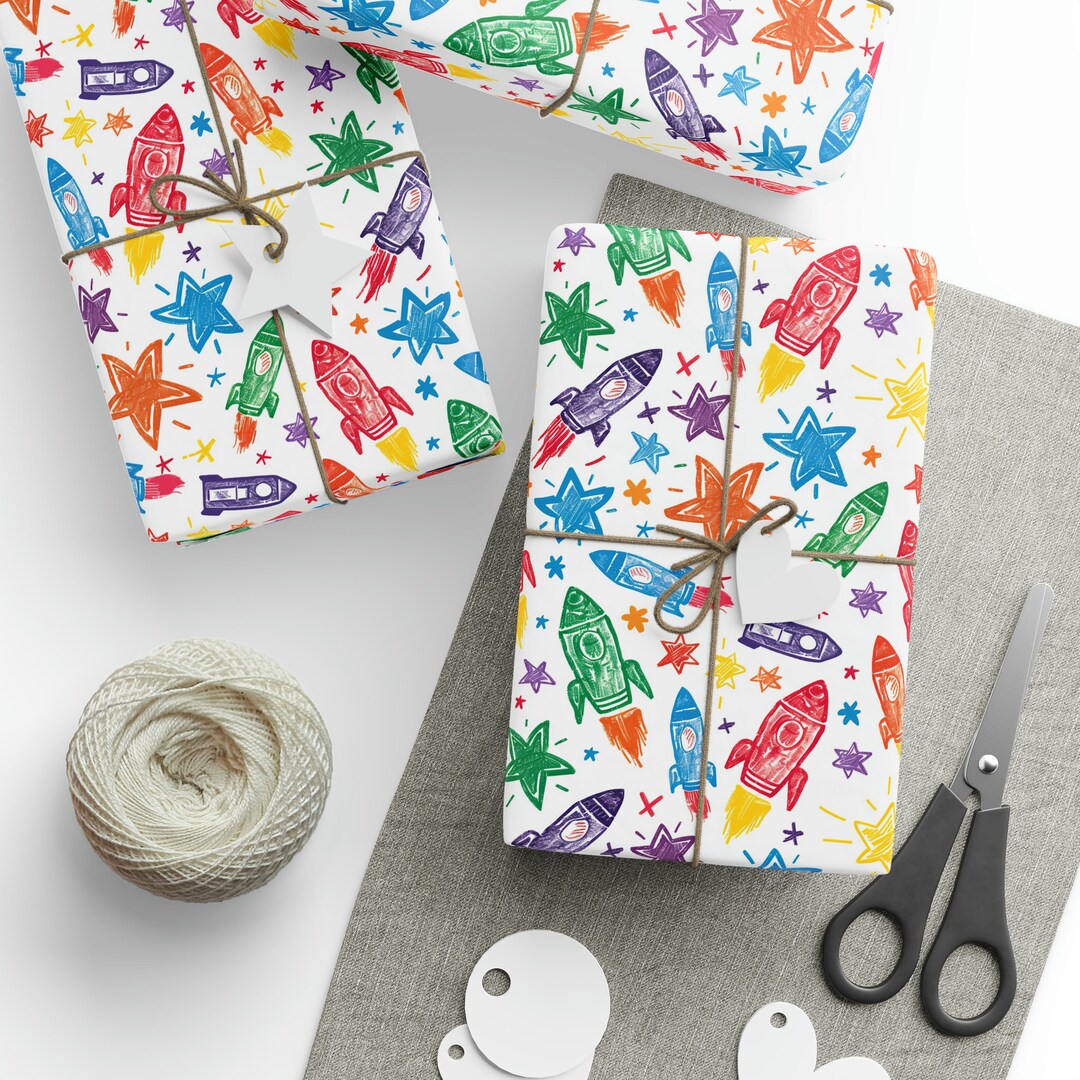 Rocketship Wrapping Paper for Boys, Childrens Spaceship Wrapping Paper ...