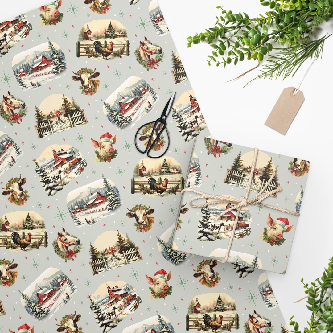 Vintage Christmas Farm Wrapping Paper, Vintage Xmas Gift Wrap, Horse ...