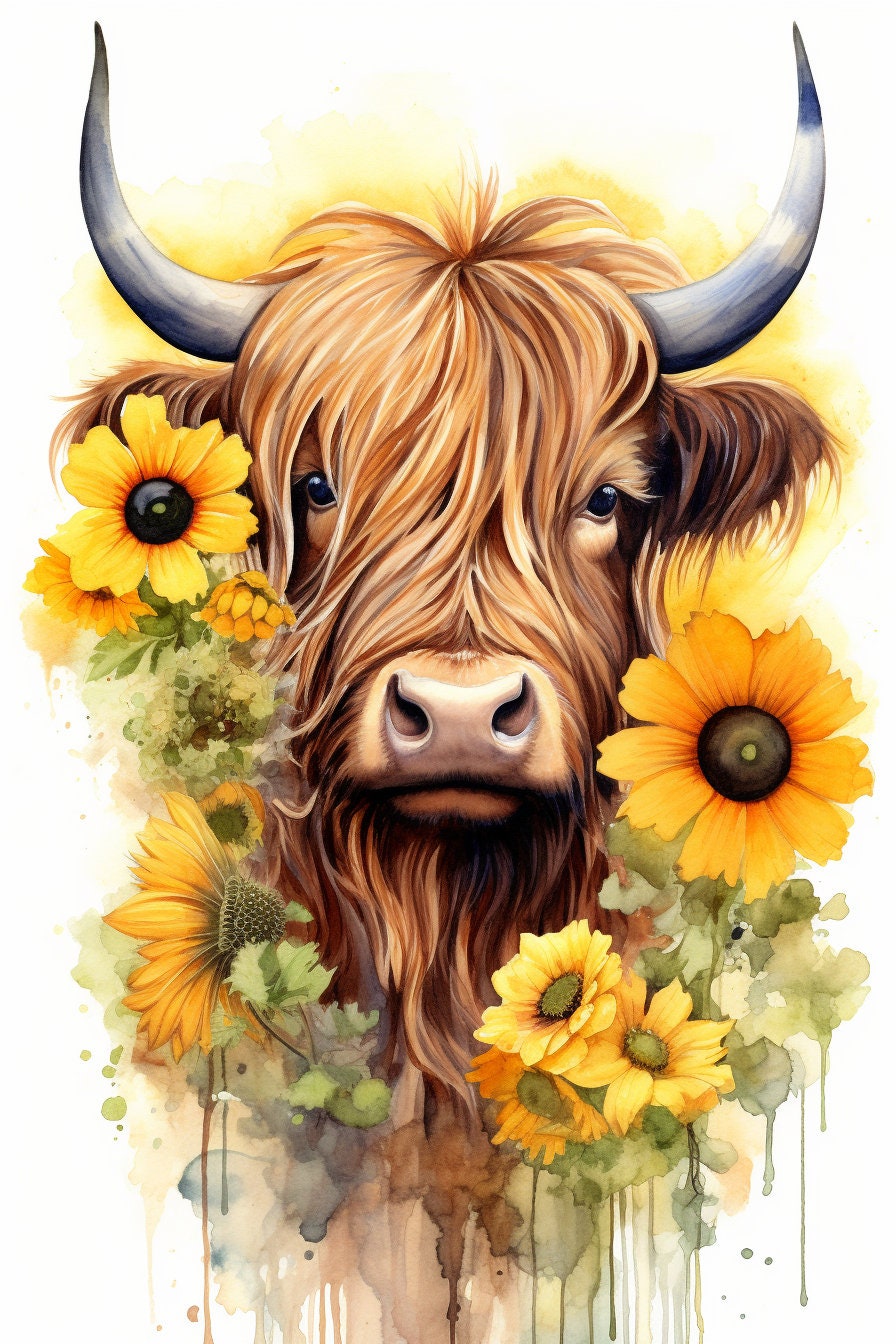 Sunflower Highland Cow Digital Download Print Watercolor Cow - Etsy