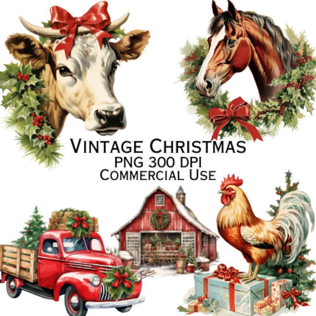 Vintage Christmas Farm Clipart Bundle PNG Digital Download Horse Cow ...