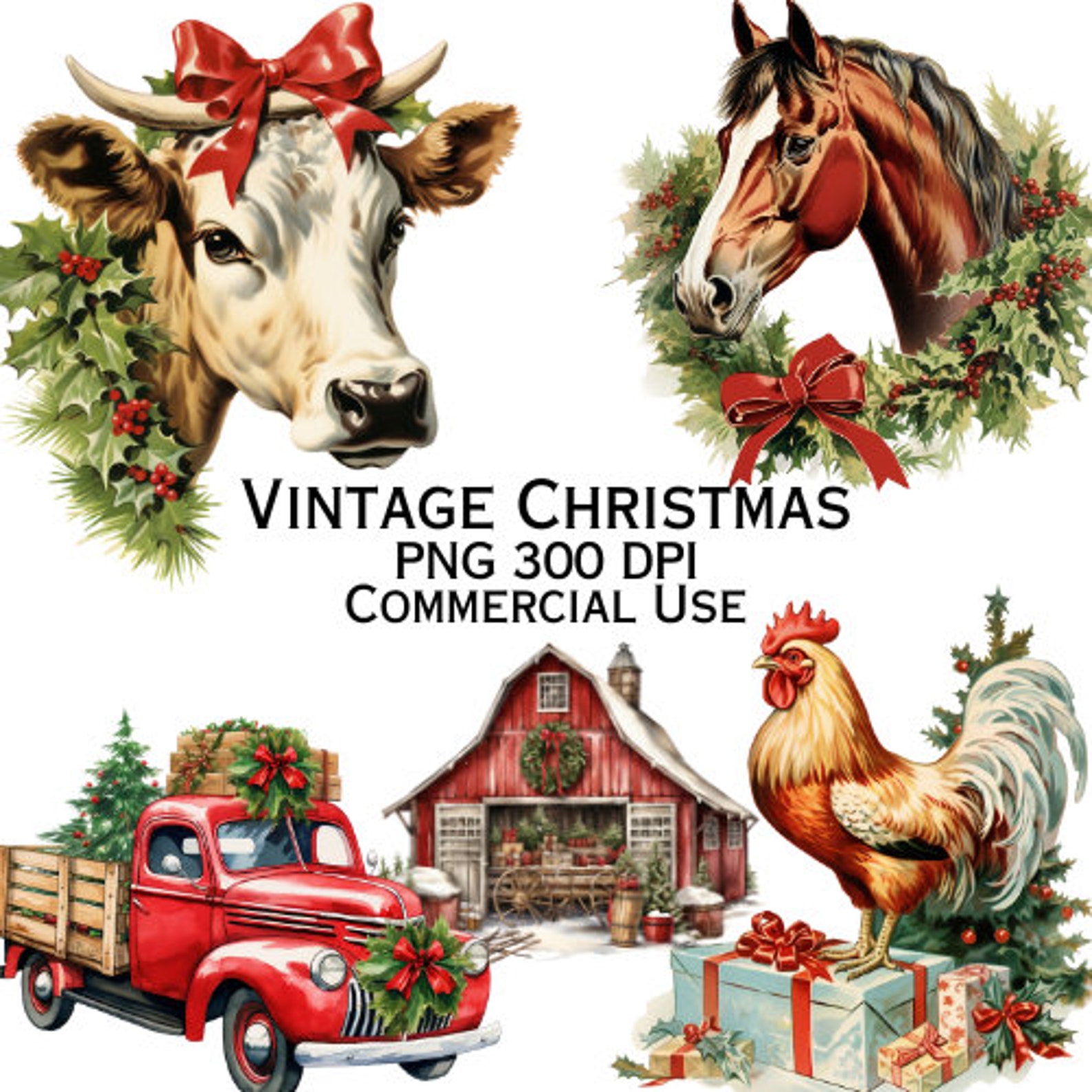 Vintage Christmas Farm Clipart Bundle, Holiday PNG (digital Download ...
