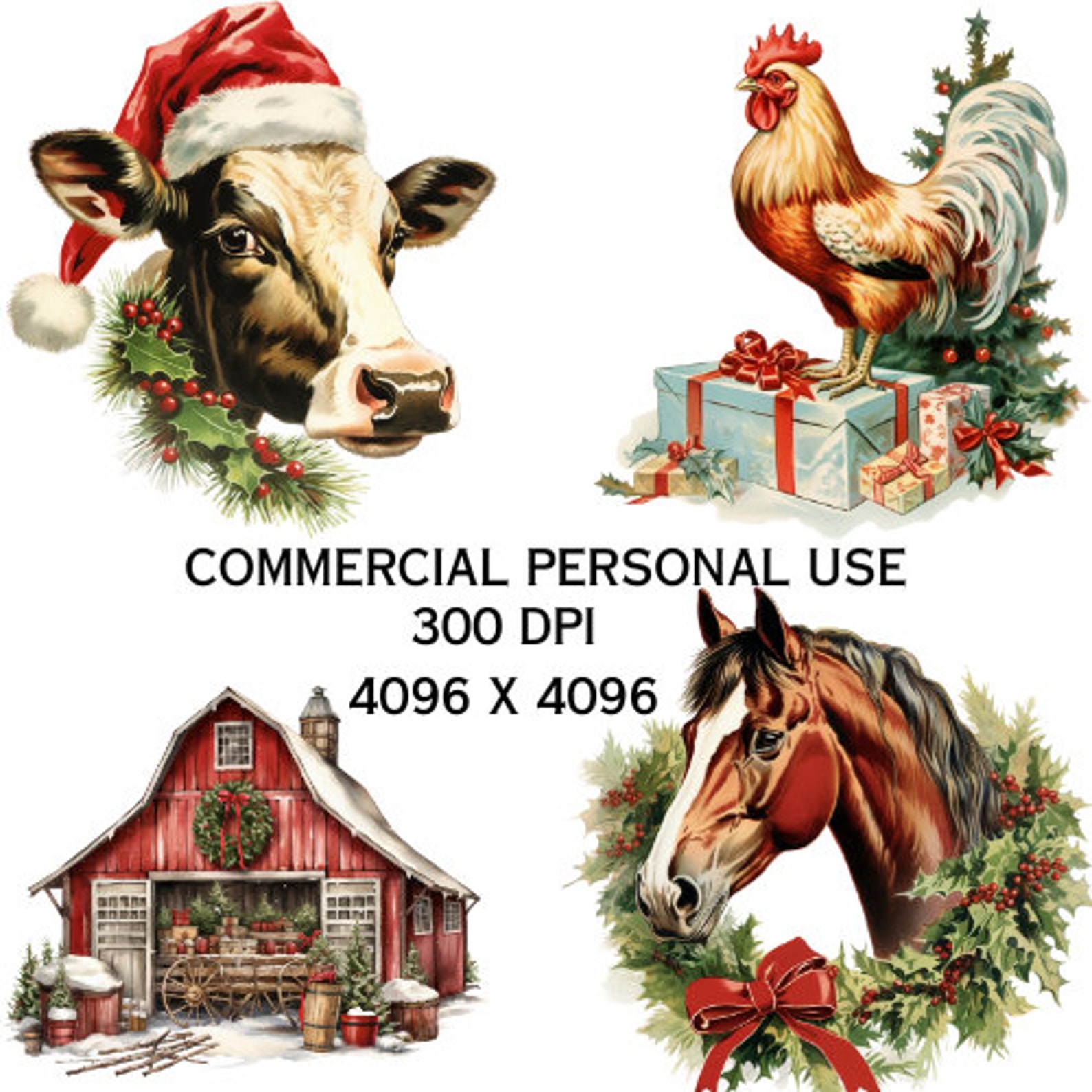 Vintage Christmas Farm Clipart Bundle, Holiday PNG (digital Download ...