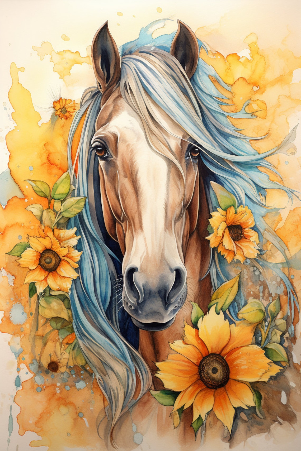 Sunflower Horse Watercolor Painting | Western Art Print (digital ...