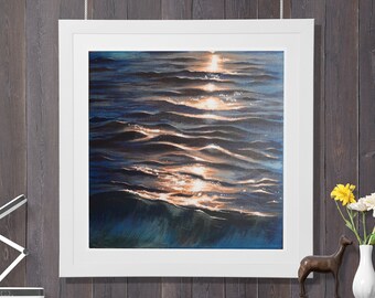 Calm Waters Blue and White Moonscape Ocean Waves Sea Full Moon Home ...