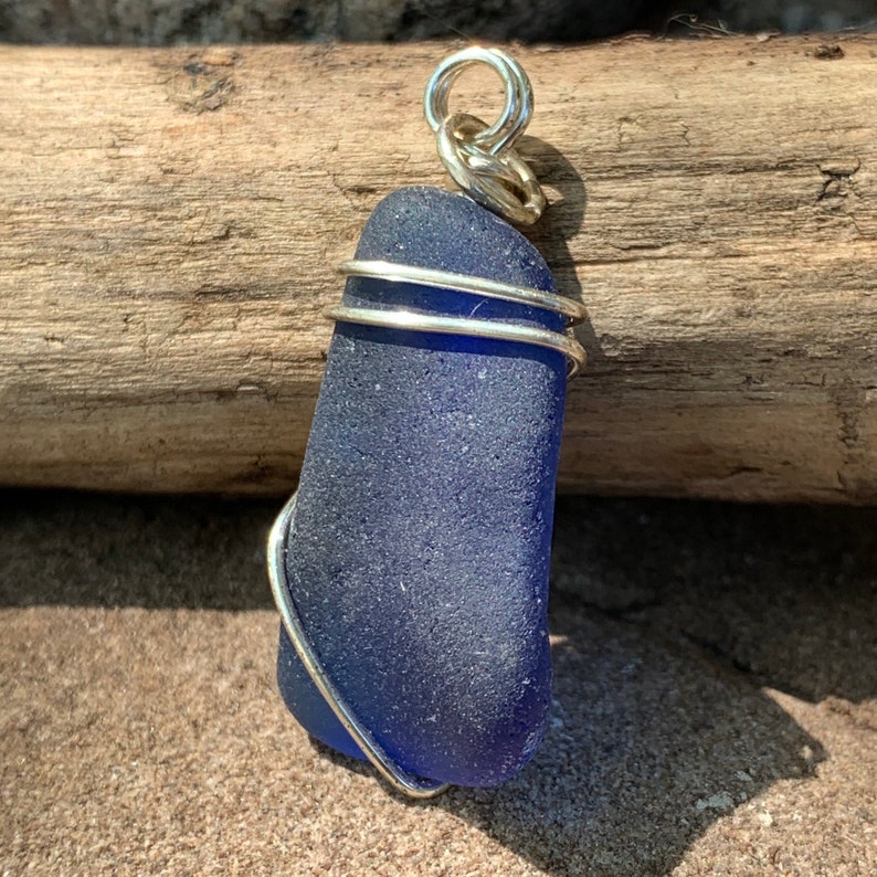 Deep Blue Genuine Sea Glass Handcrafted Silver Wire Wrapped | Etsy