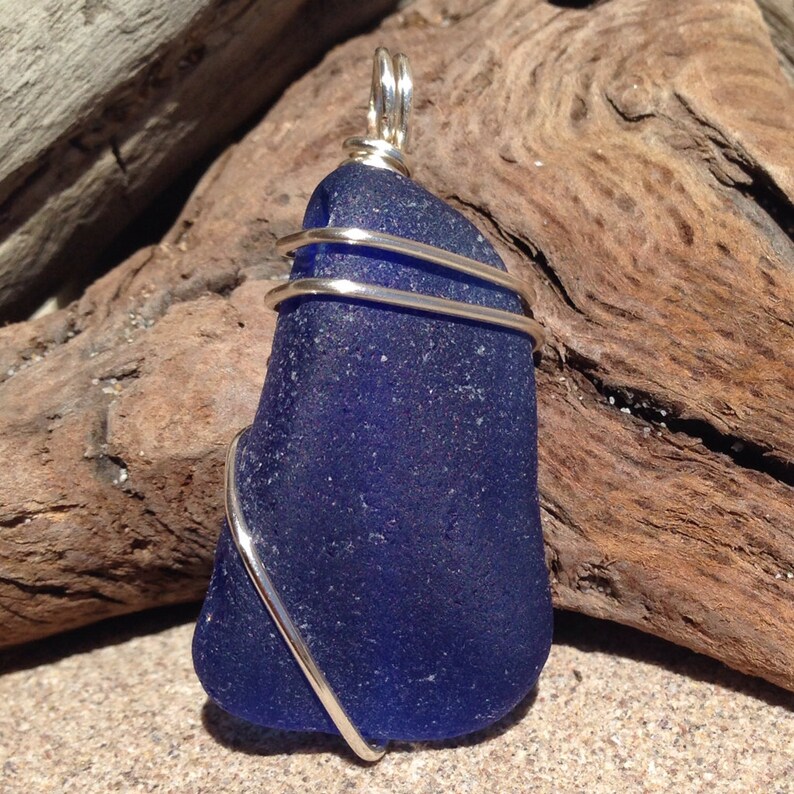 Deep Blue Genuine Sea Glass Handcrafted Silver Wire Wrapped | Etsy