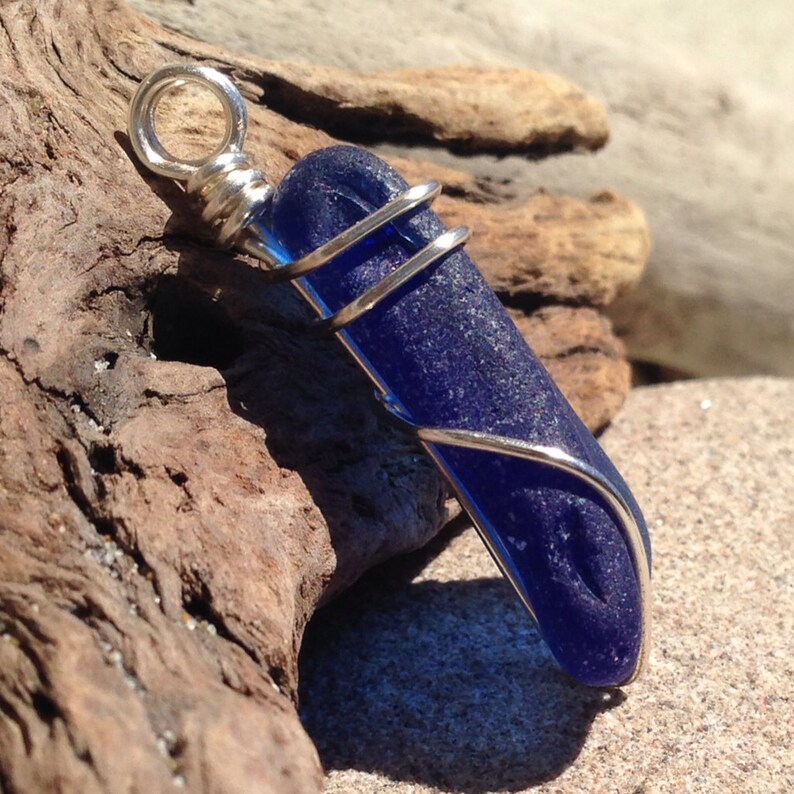 Deep Blue Genuine Sea Glass Handcrafted Silver Wire Wrapped | Etsy