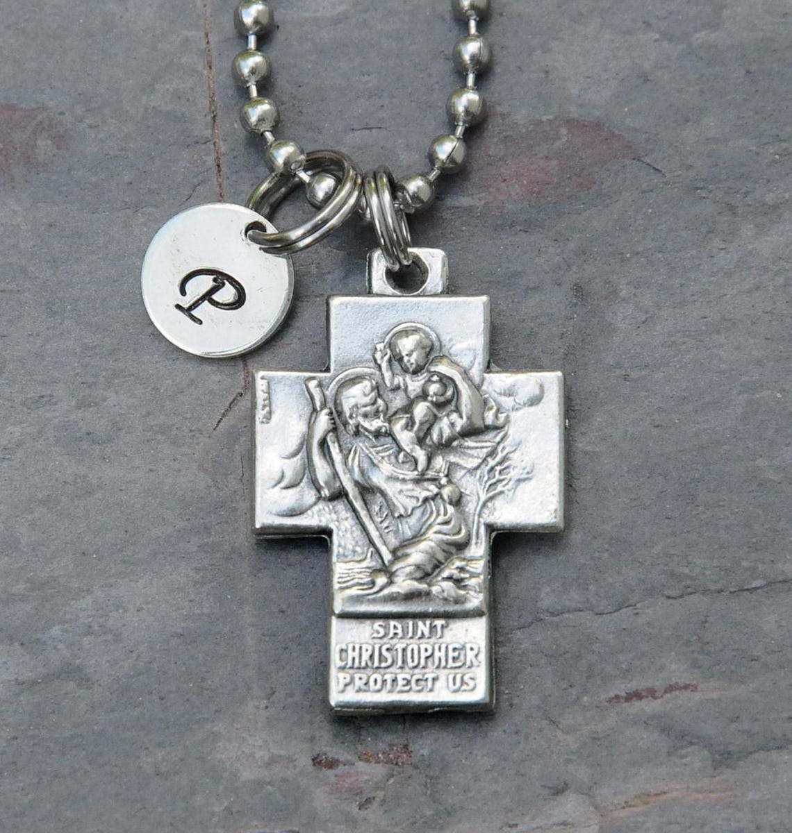 Saint St Christopher Holy Family Cross Necklace - Stainless Steel Ball ...