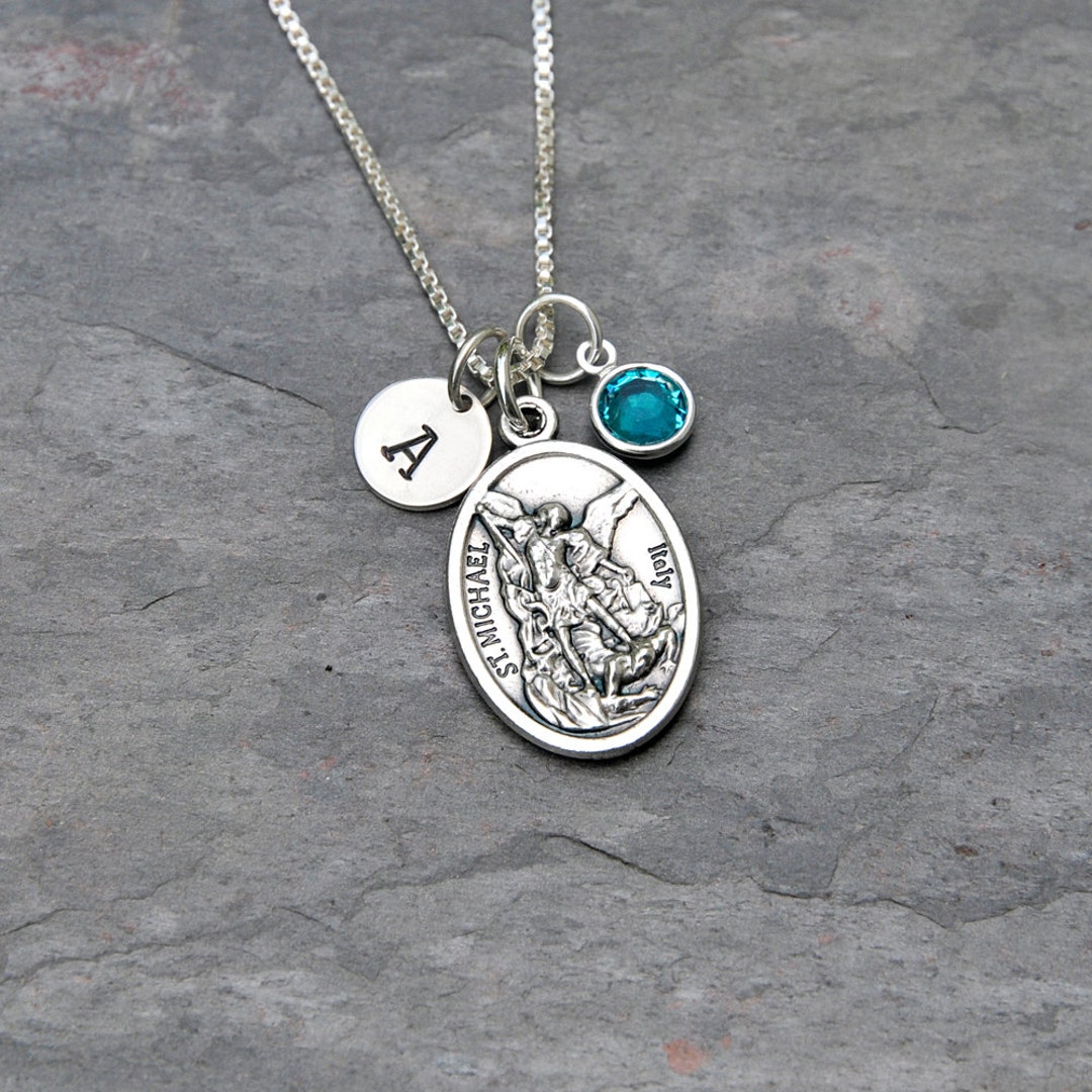 Saint St Michael Necklace Personalized Initial Charm, Crystal ...