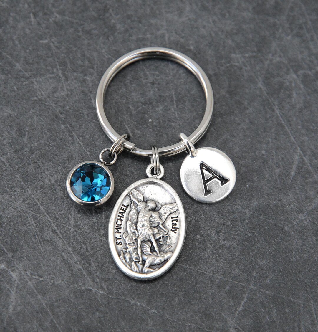 Saint St Archangel Michael Keychain With Initial, Birthstone Option ...