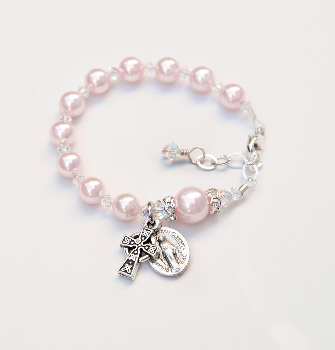 Irish Catholic Celtic Baptism Gift for Baby Girls, Pink Pearl Rosary ...