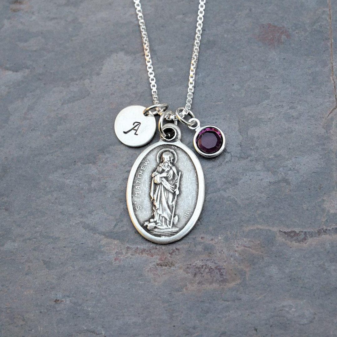 Saint St Matthew Necklace -personalized - Crystal Birthstone or Pearl ...