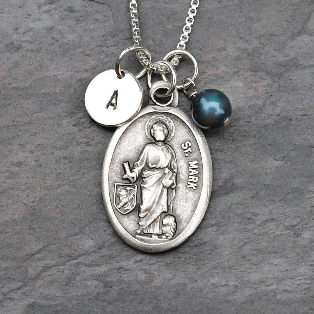 Saint St Mark Necklace - Personalized Initial - Crystal Birthstone or ...