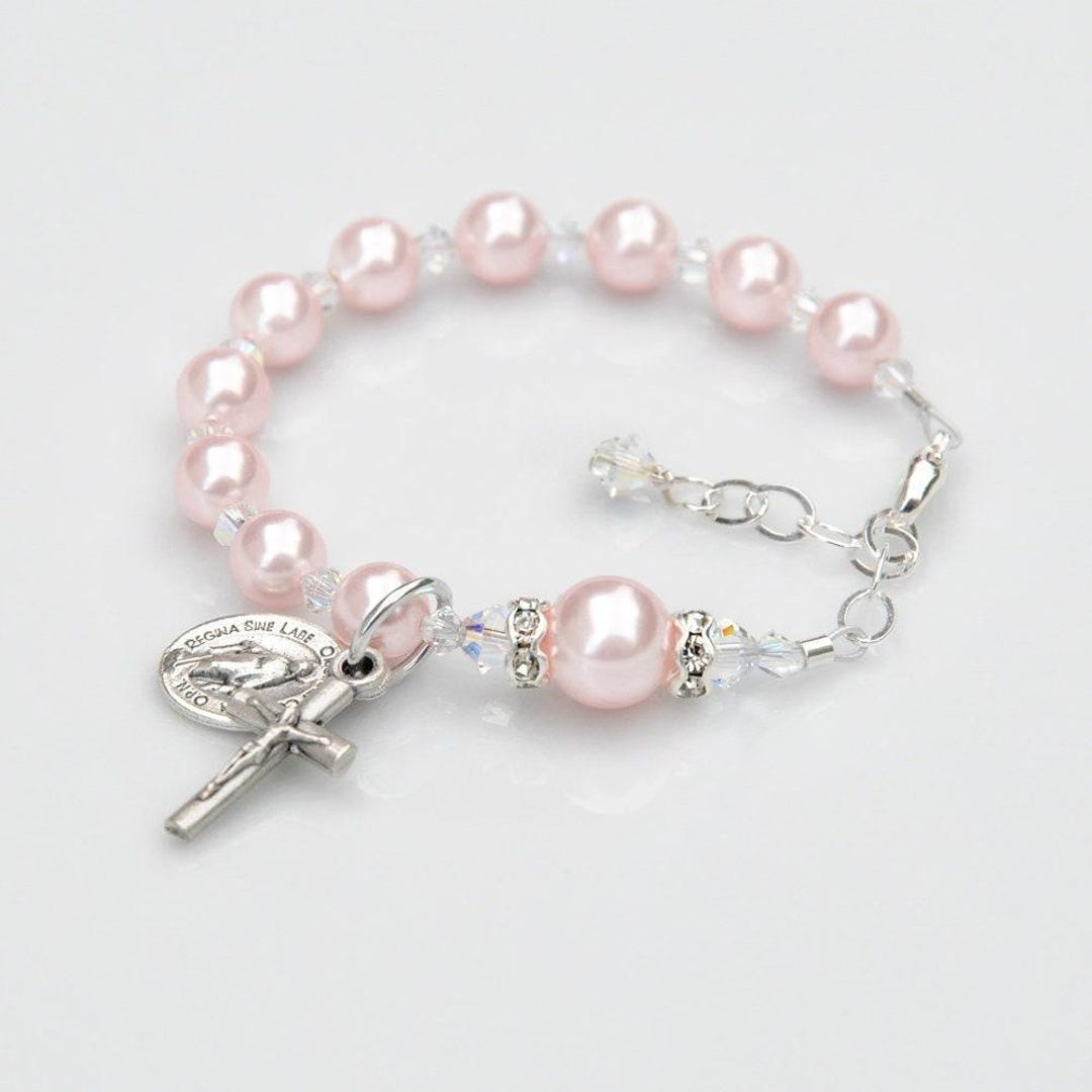 Baby Girl Baptism Gift, Pink Pearl Rosary Bracelet, Sparkly Clear ...