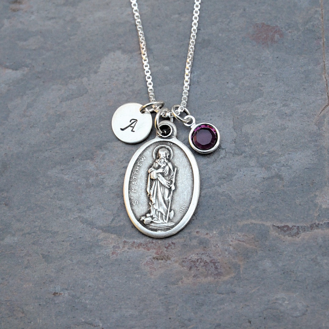 Saint St Matthew Necklace personalized Crystal Birthstone or Pearl ...