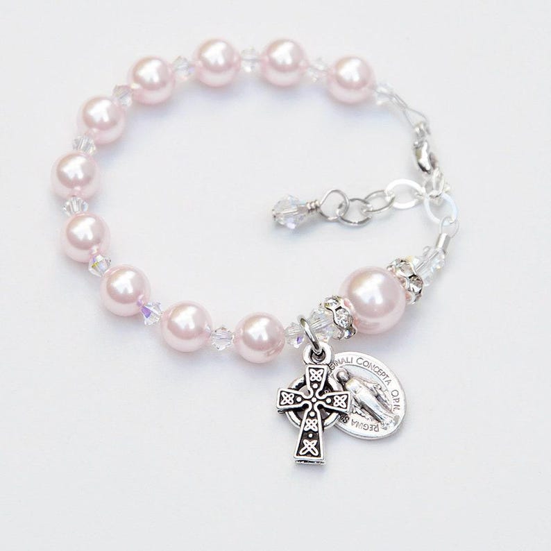 Irish Catholic Celtic Baptism Gift for Baby Girls, Pink Pearl Rosary ...