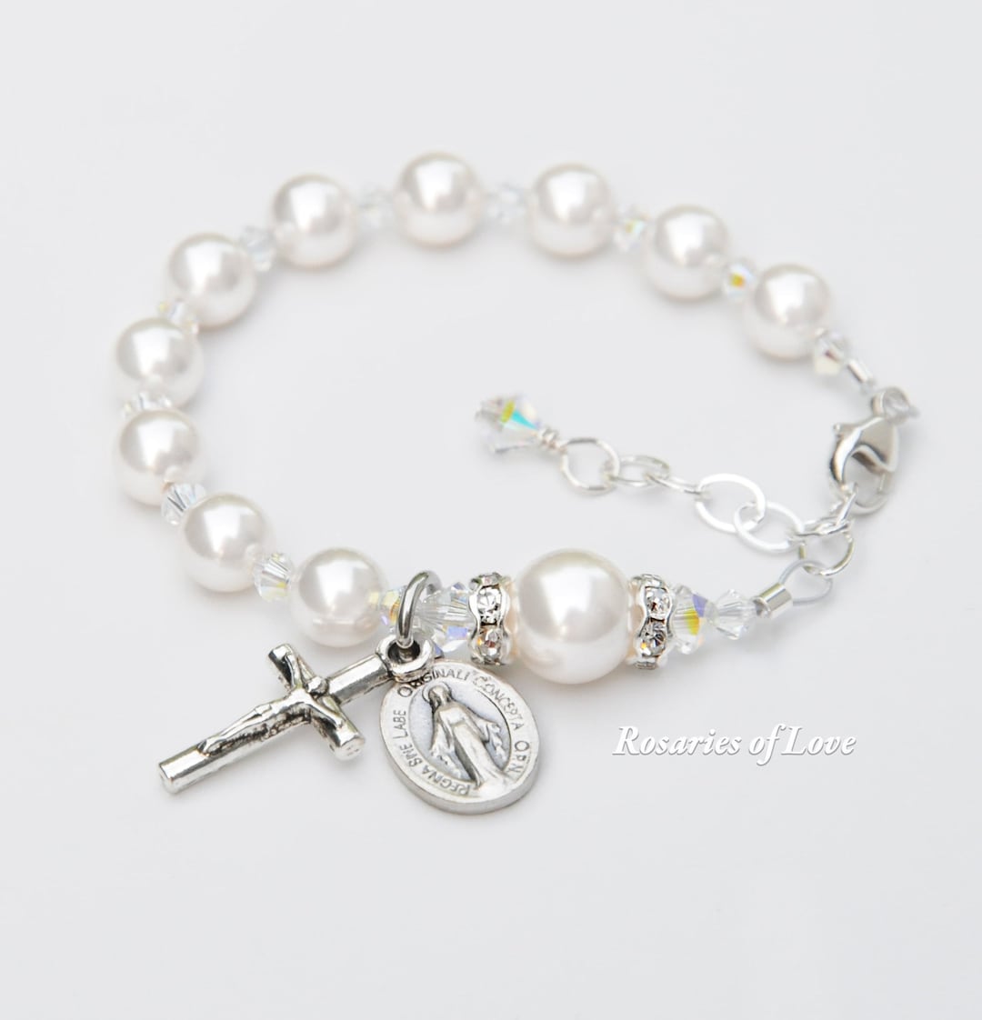 Baby Girl Baptism Gift, White Pearl Rosary Bracelet, Sparkly Crystals ...