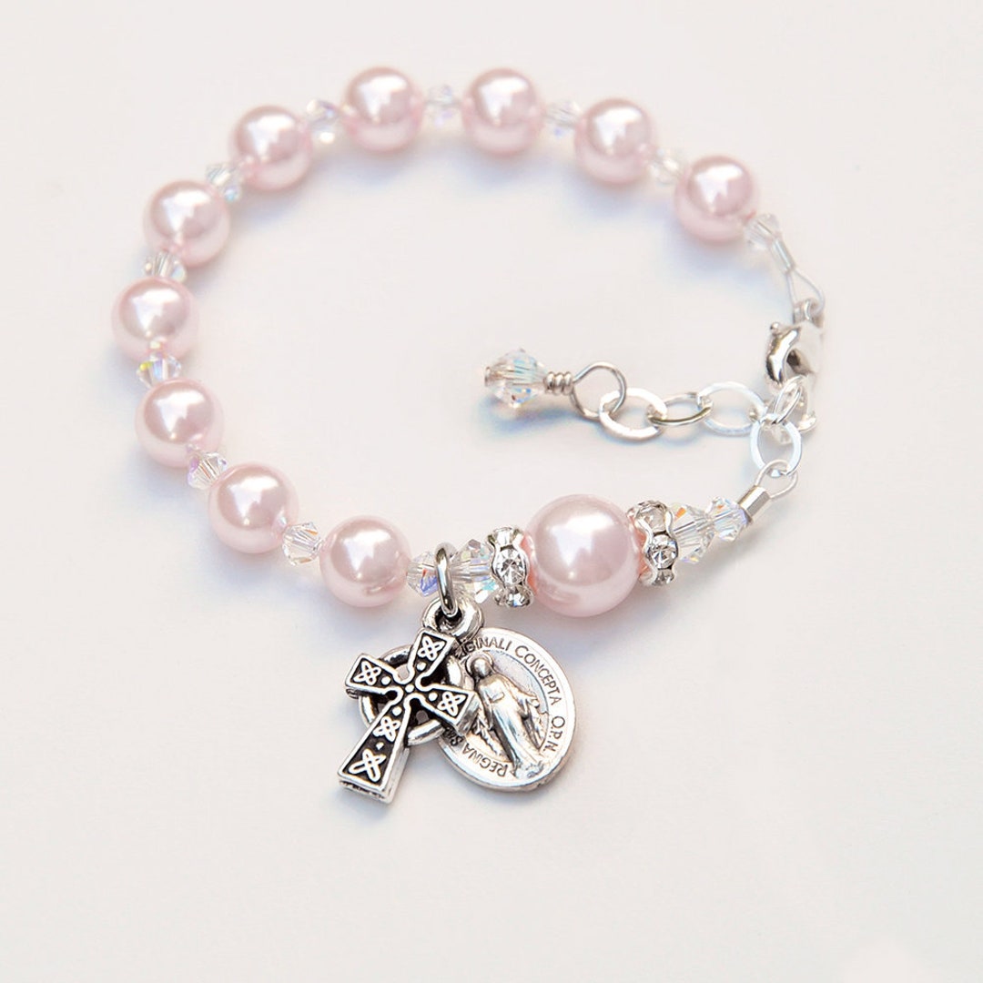 Irish Catholic Celtic Baptism Gift for Baby Girls Pink Rosary Bracelet ...