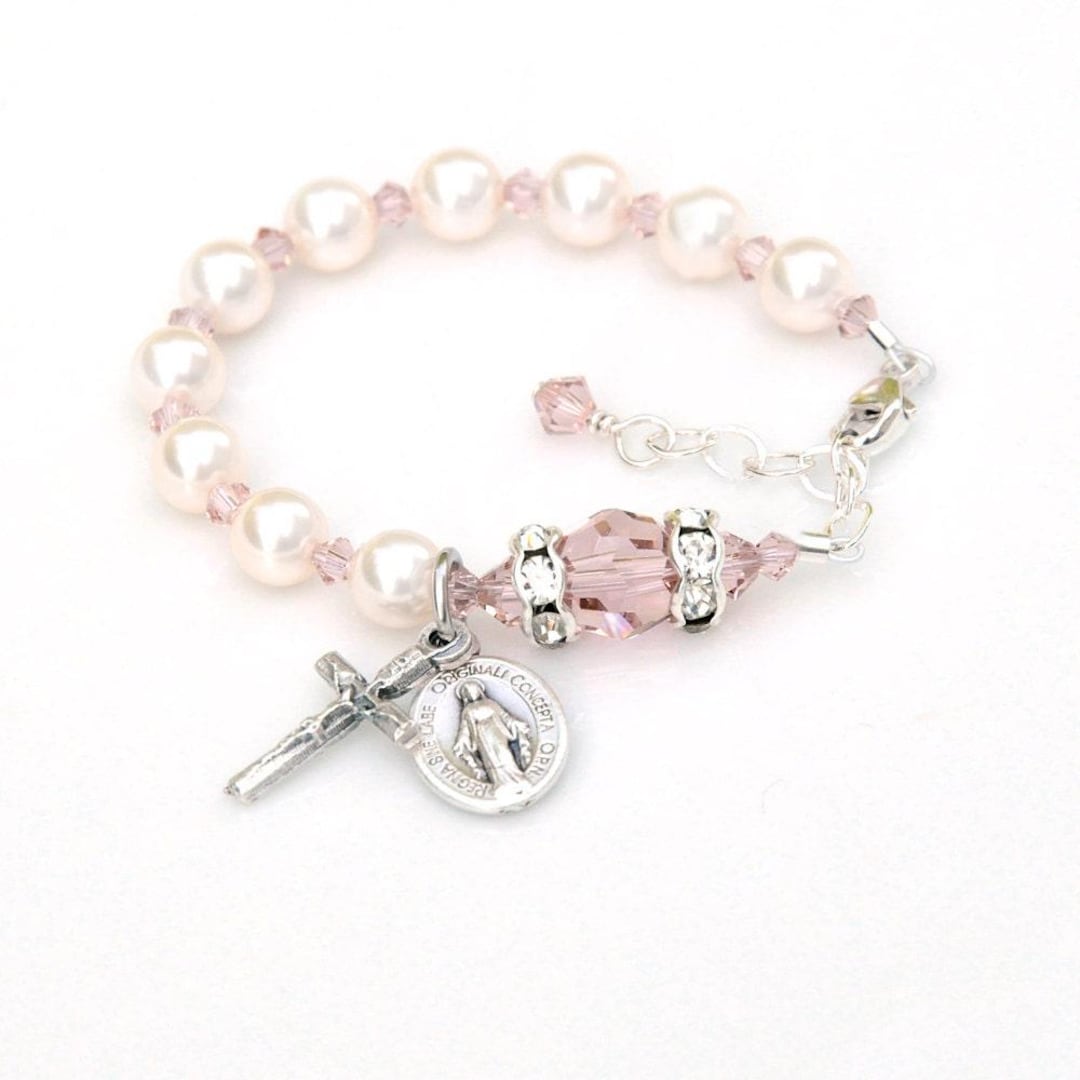 Baby Girl Baptism Rosary Bracelet, Ivory Cream Pearls, Vintage Rose ...
