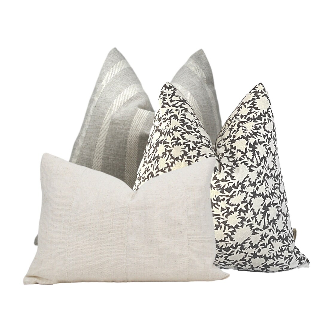 Brule Grey Pillow Combo, White Mud Cloth Lumbar Pillow Cover, Grey ...