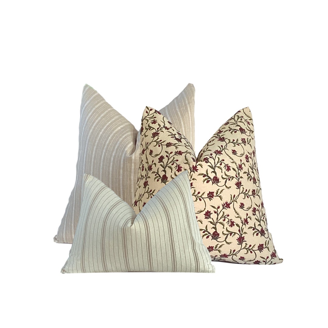 Liya Pillow Combination, Mocha White Stripe Pillow Cover, Floral ...