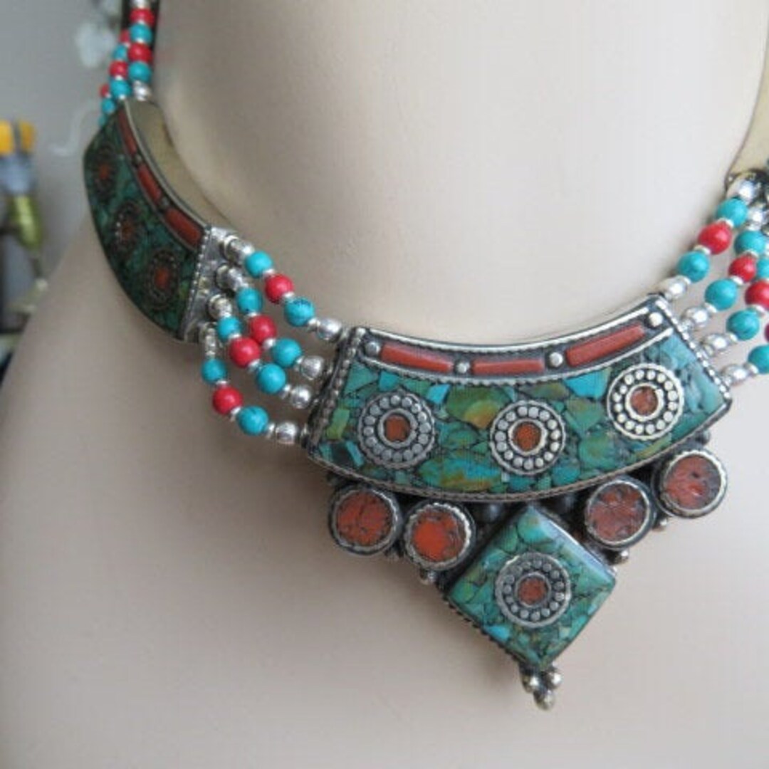 Cute Gifted Genuine Turquoise and Red Coral 925 Sterling Silver Tibetan ...