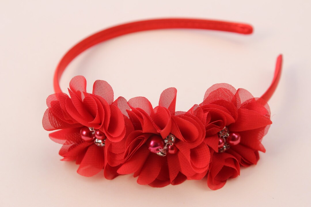 Red Girls Headband, Red Flower Girl Headband, Red Satin Headband, Red ...