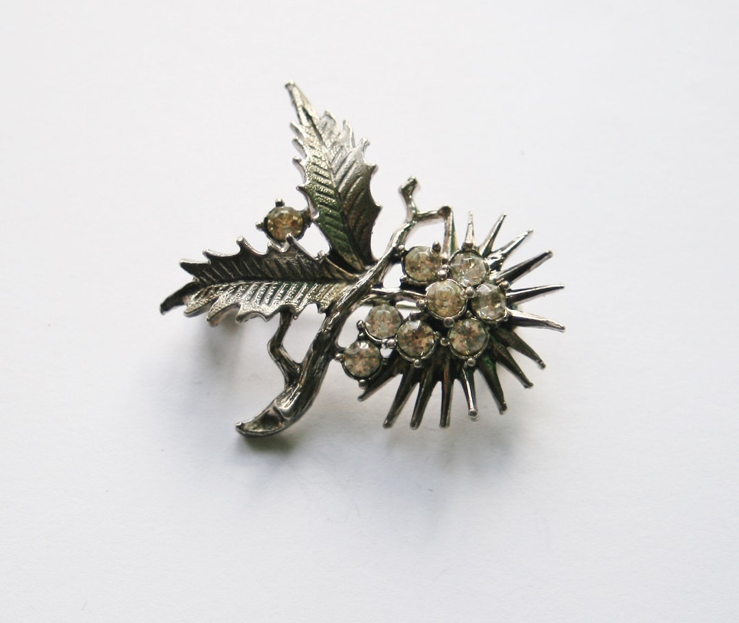 Vintage Crystal Thistle Brooch: Silver Tone Costume Jewelry, Made in ...