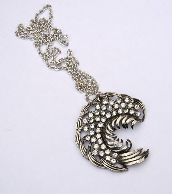 Vintage Crystal Feather Pendant - Art Nouveau Necklac… - Gem