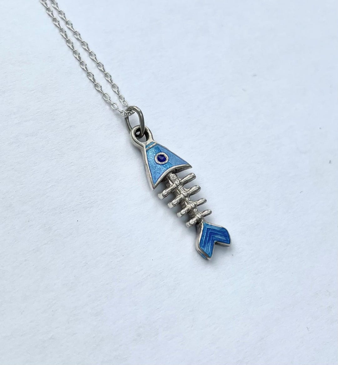 Enameled Blue Fish Pendant, Sterling Silver Necklace, Vintage 925 ...