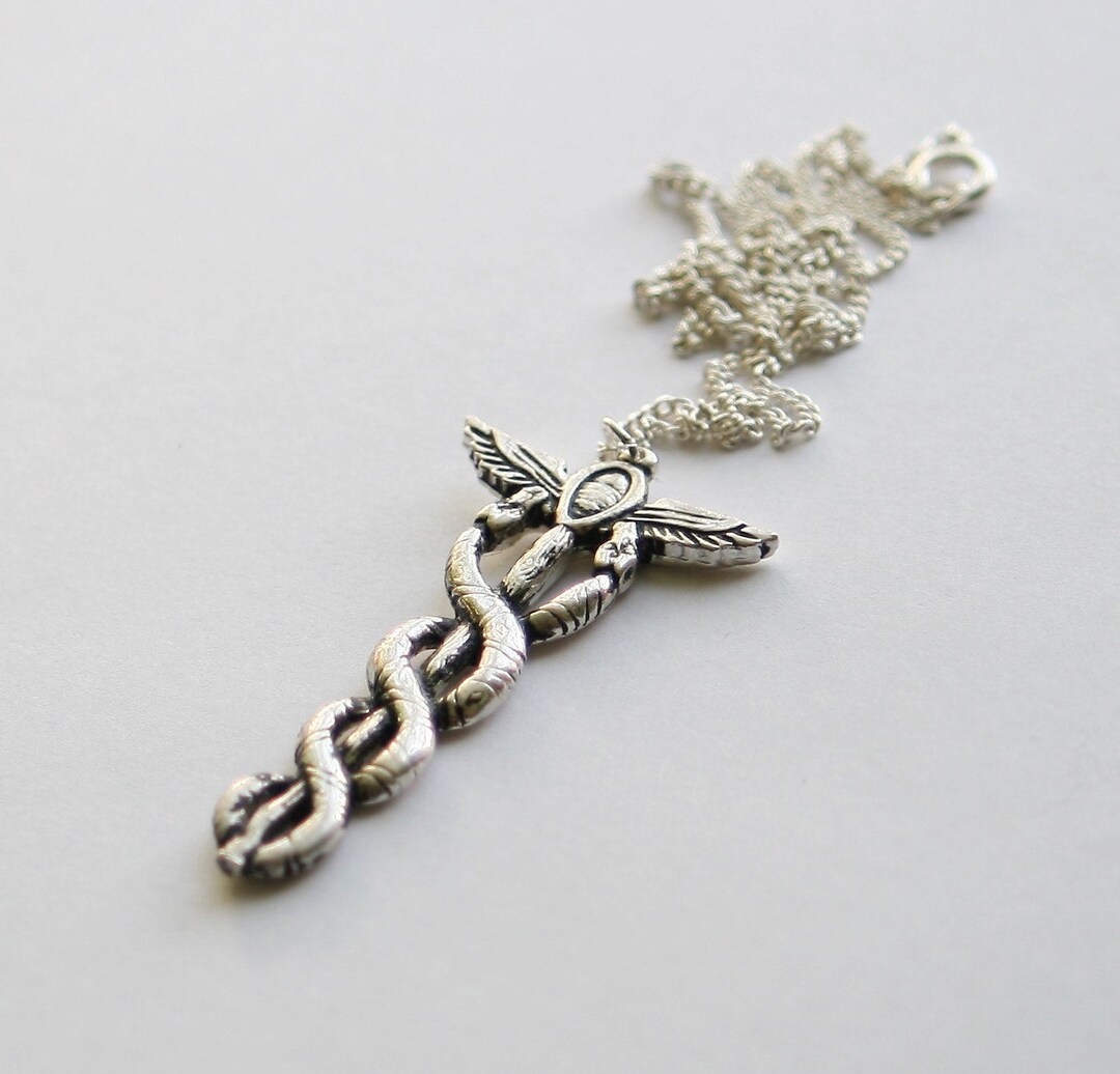 Caduceus Medical Snake Pendant // Antique Silver Plated // Vintage ...