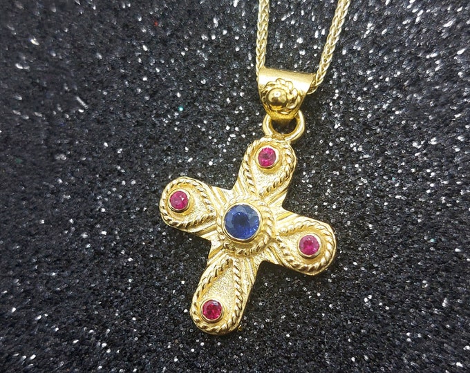 18K Solid Gold Filigree Cross With Gemstones, Byzantine Cross, Emeralds ...