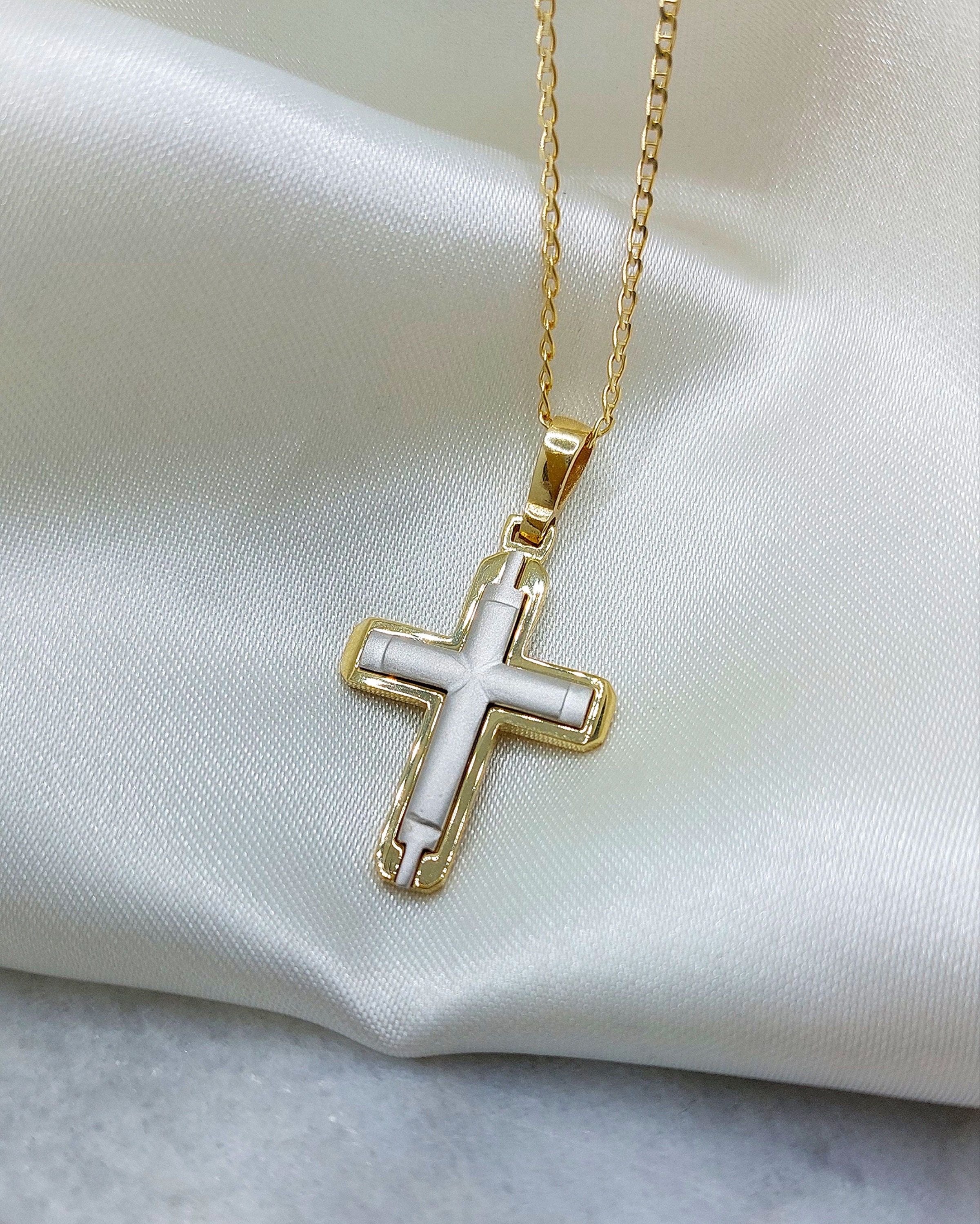 14k Gold Baptism Cross Pendant, Modern Two Tone Design - Etsy
