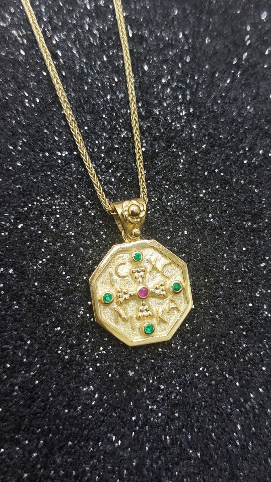 14k Gold Byzantine Constantine Pendant, Ruby and Emerald Charm - Etsy