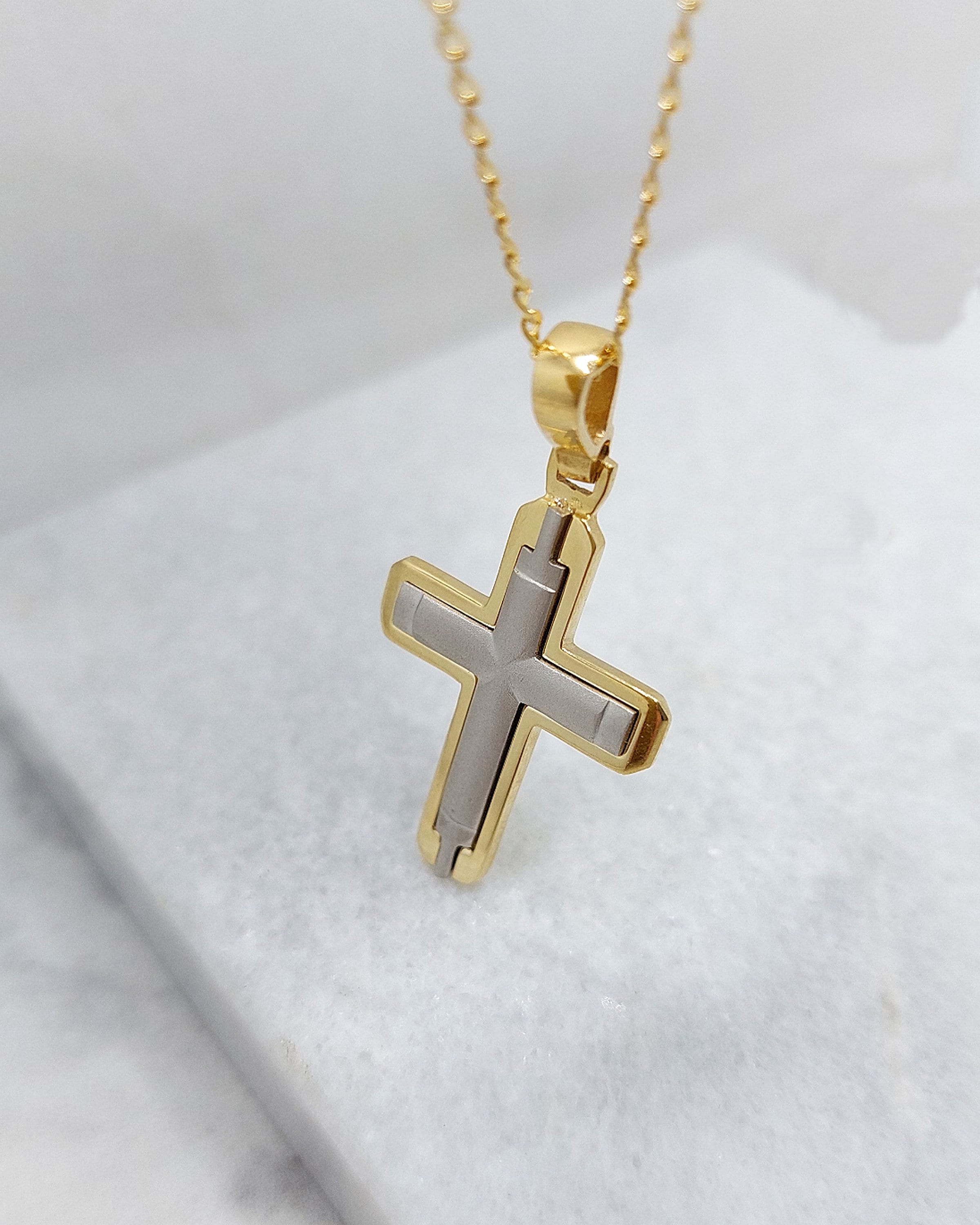 14k Gold Baptism Cross Pendant, Modern Two Tone Design - Etsy