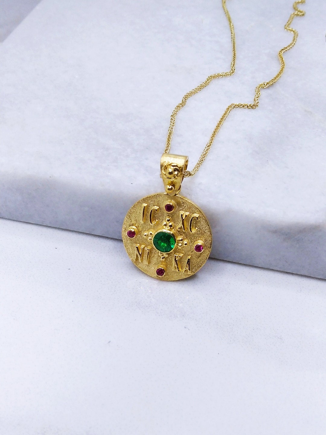Constantine Solid Gold Coin Pendant With Emerald and Ruby/gold ...