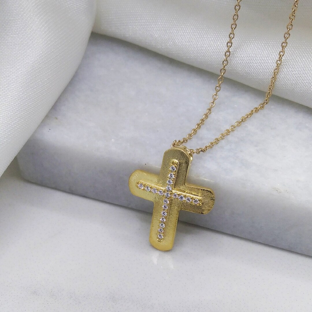 Modern Solid Orthodox Cross 14k From Greece With Precious Stone/baptism ...