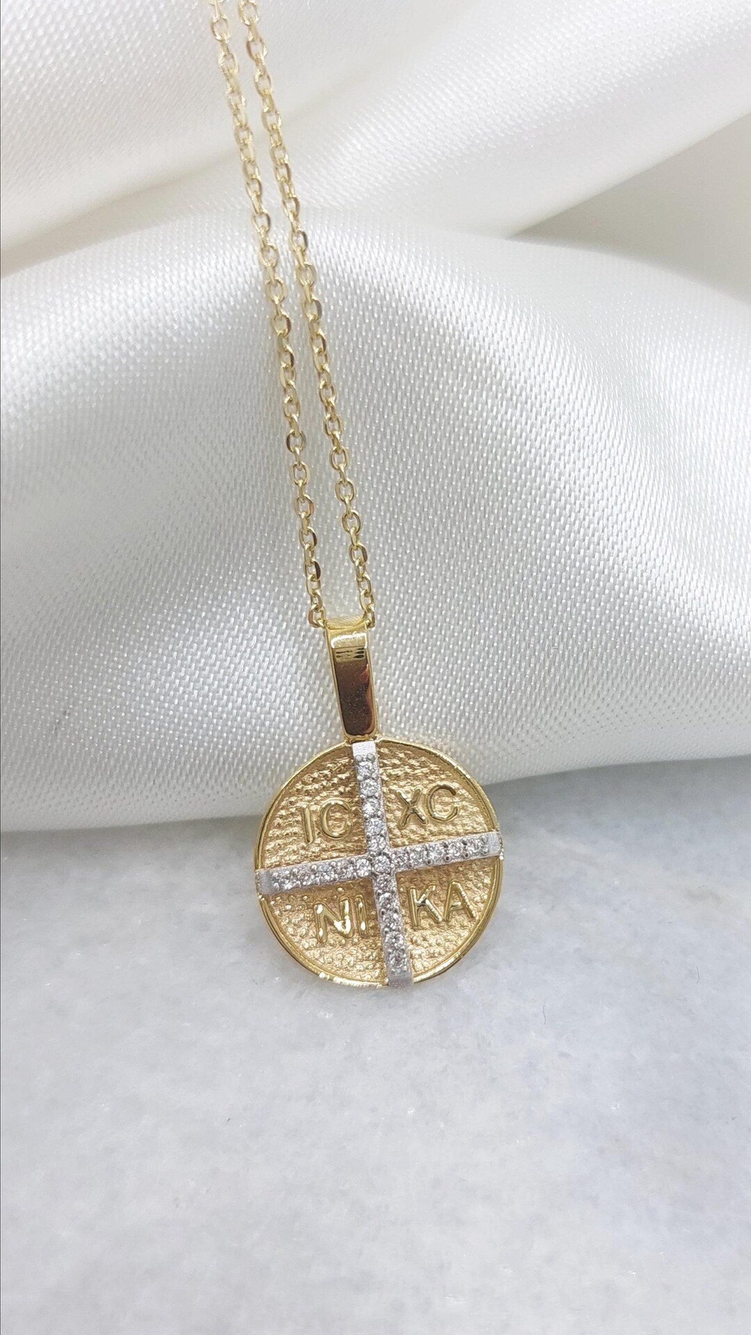 14k Gold Constantine Coin Pendant Necklace, ICXC NIKA, Religious Charm ...