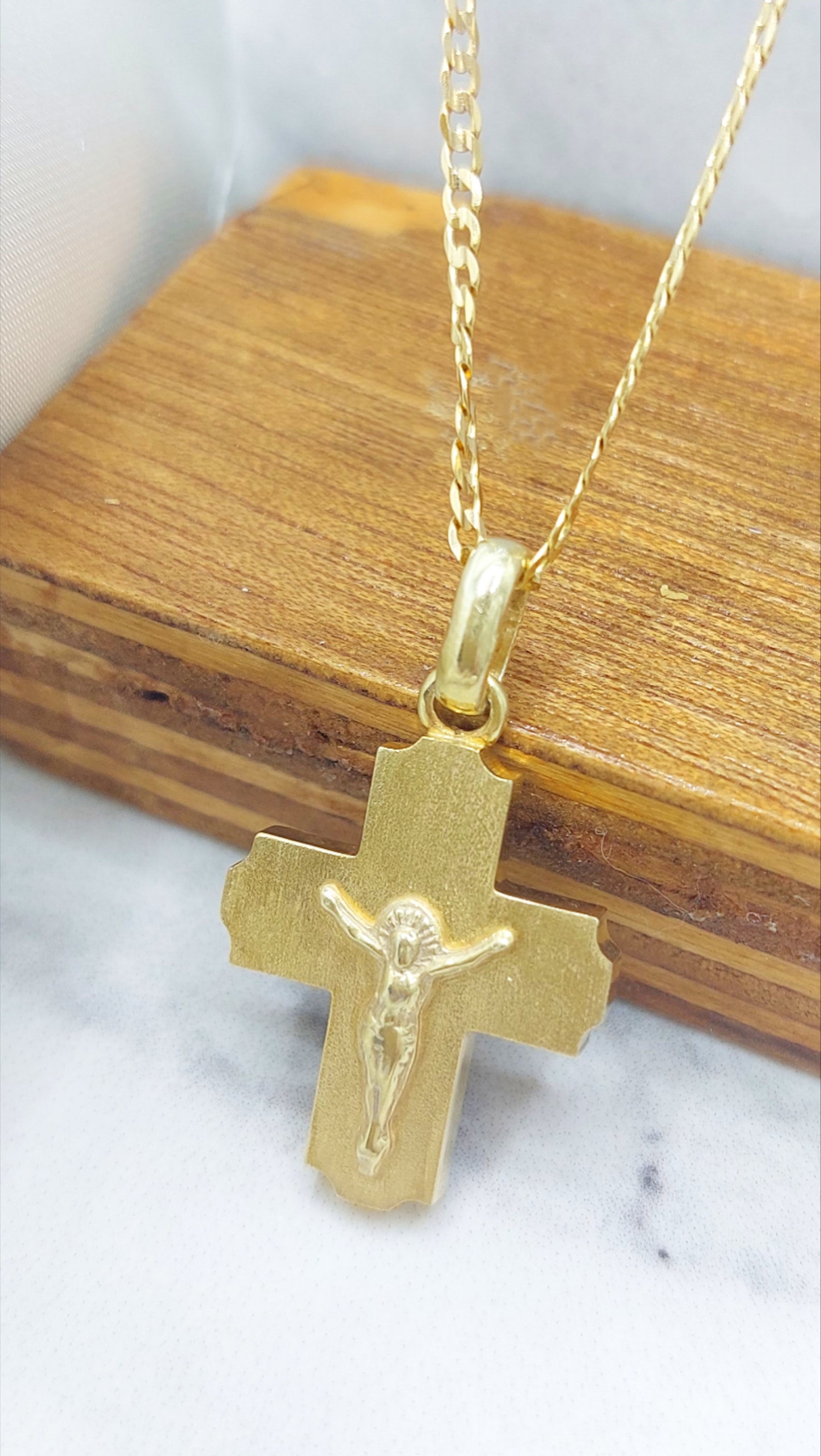 Gold 14k Solid Gross With Crusified, 18k Baptism Gold Cross, Gold ...