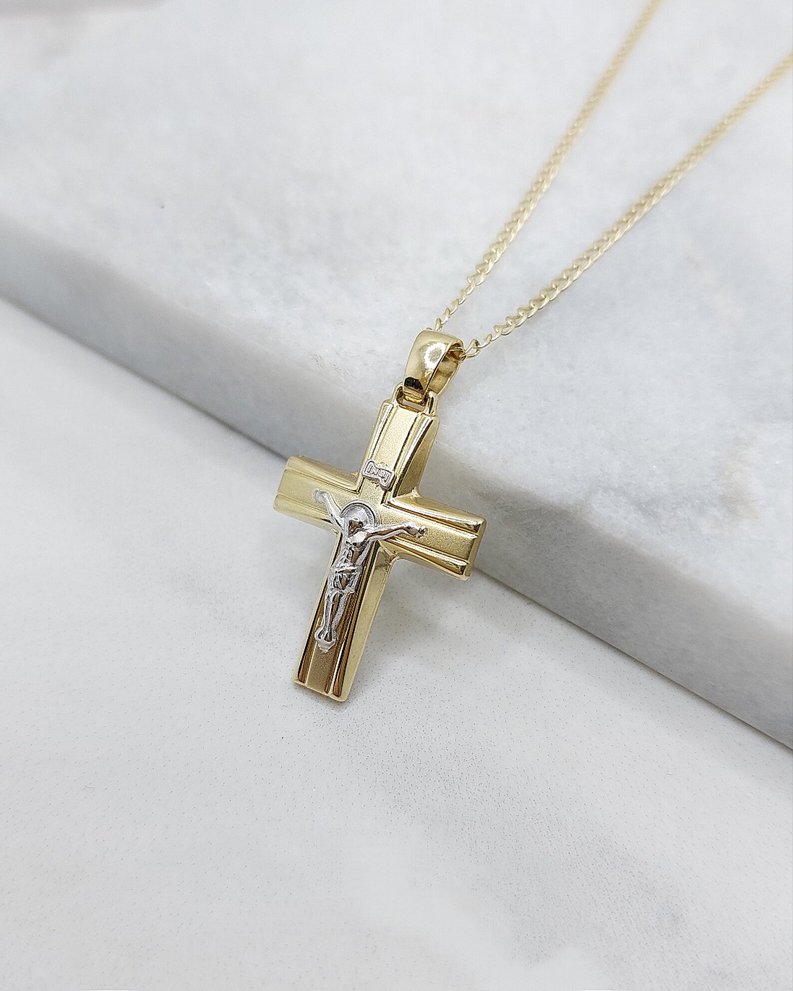 Baptism Yellow Gold Cross With White Gold Crucified/14k Gold Cross ...