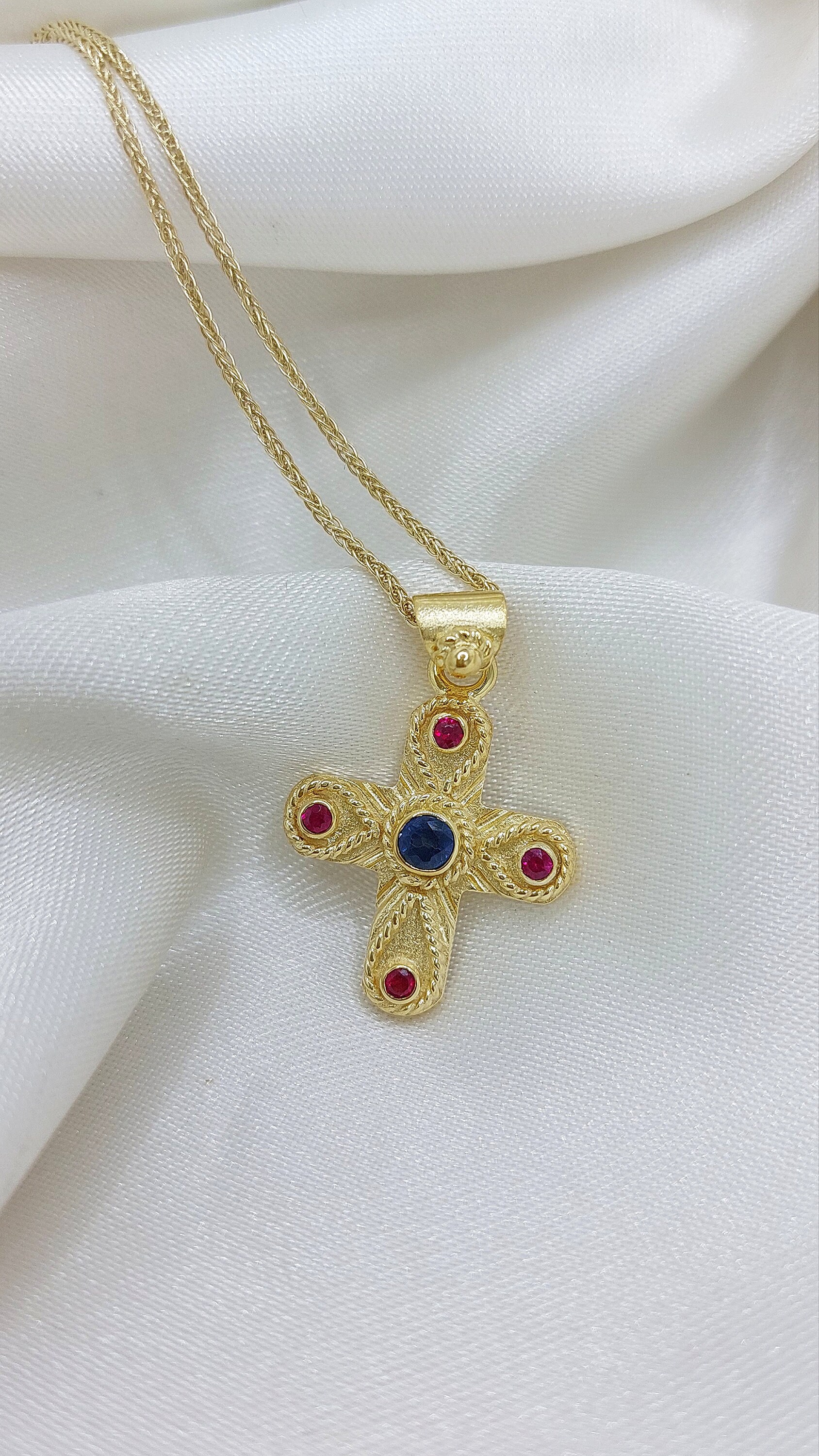 Βyzantine Handmade Gold Cross With Natural Sapphire Bezel Set in the ...