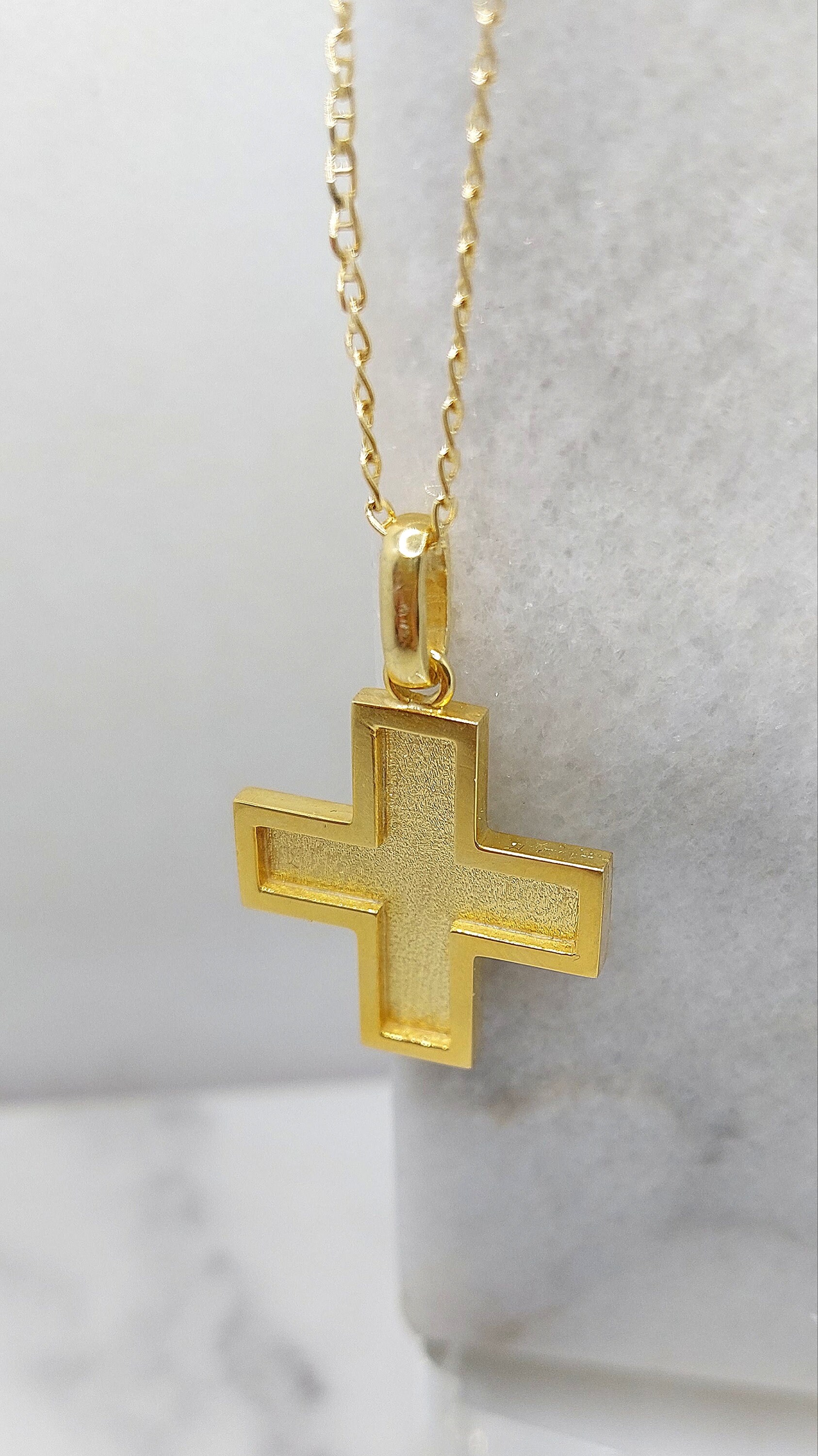 14k Gold Square Cross Pendant/orthodox Cross Necklace/greece Baptism ...
