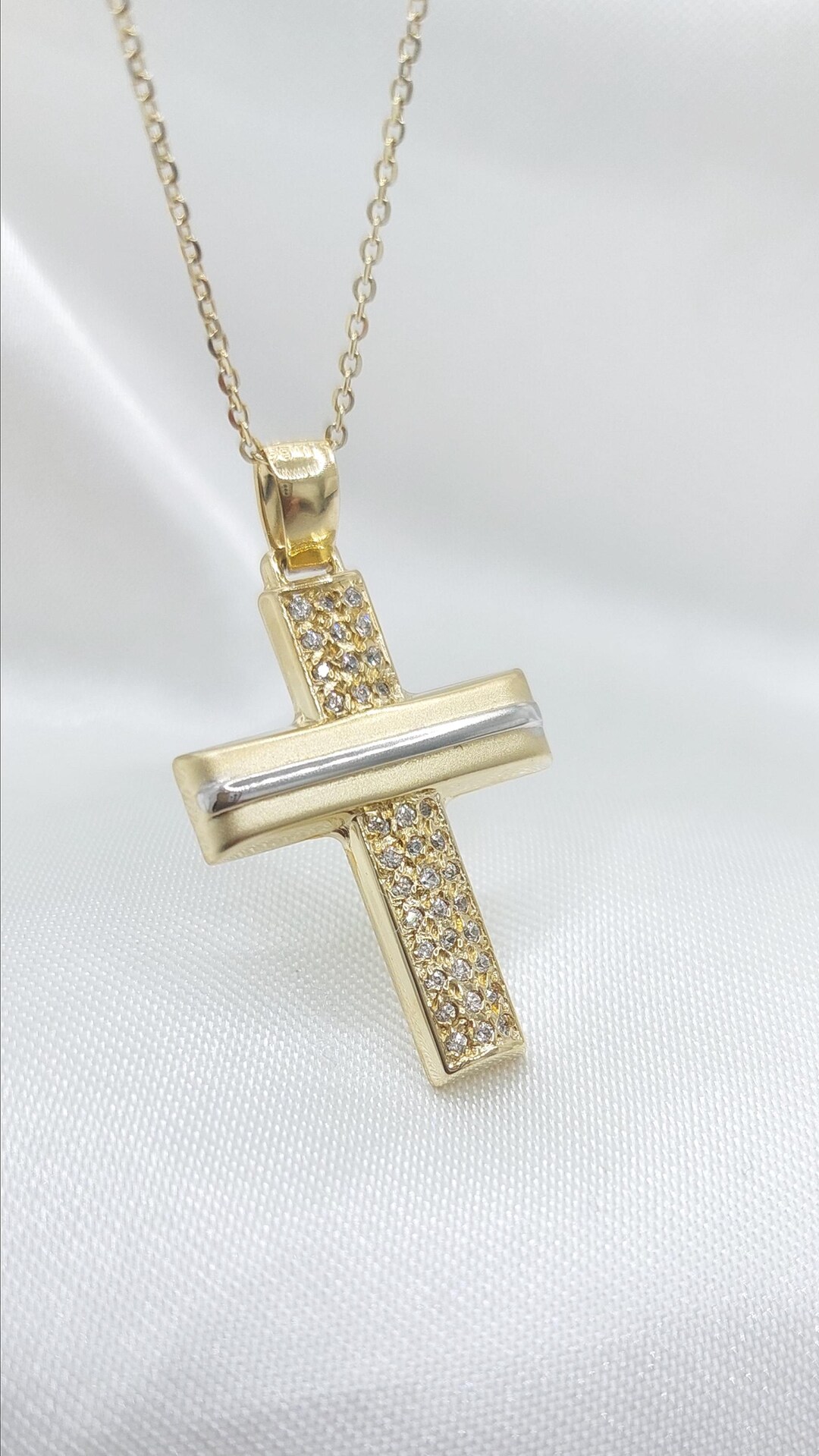 14k Greek Gold Cross With Matte Surface & Zircon/baptism Necklace for ...