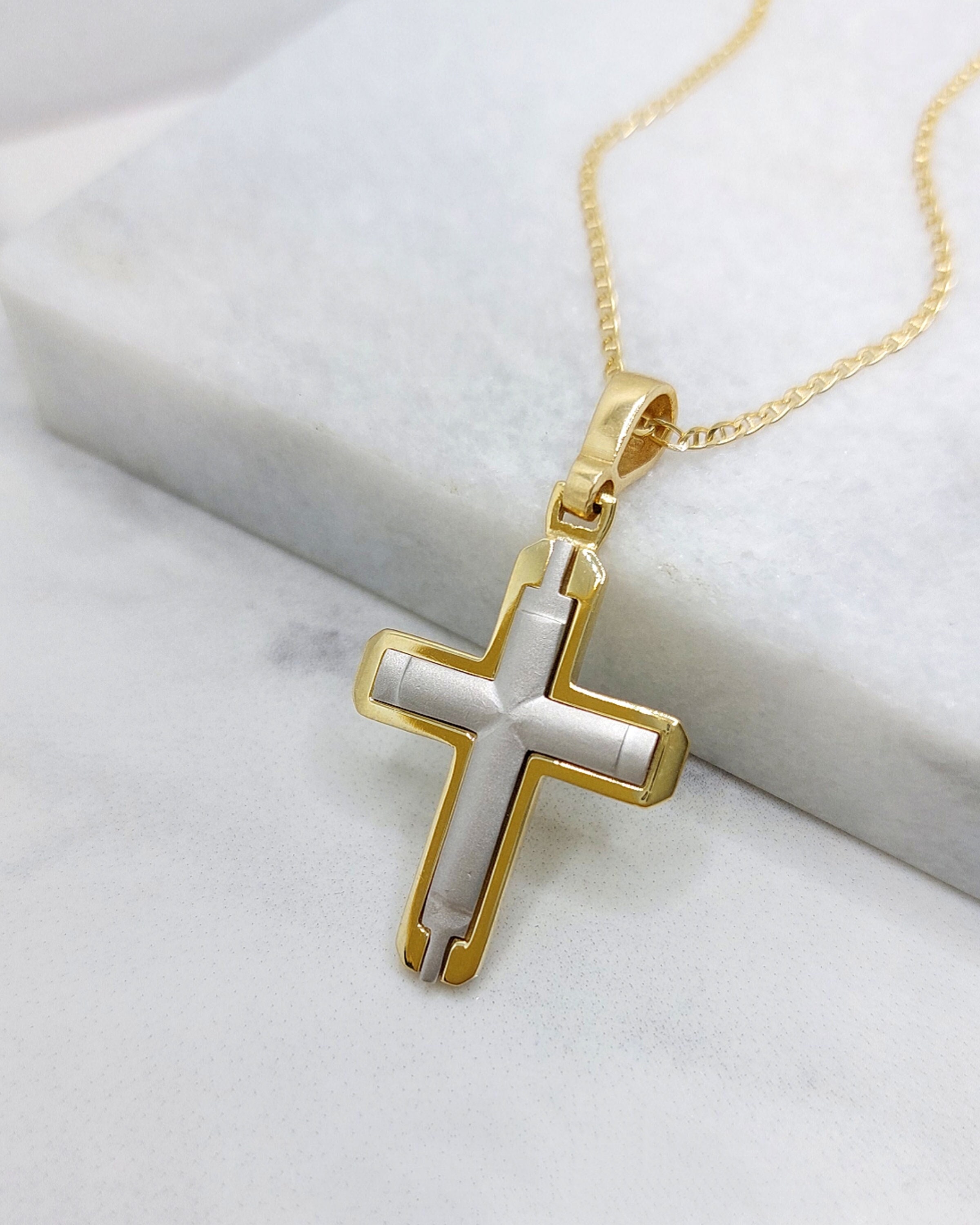 14k Gold Baptism Cross Pendant, Modern Two Tone Design - Etsy
