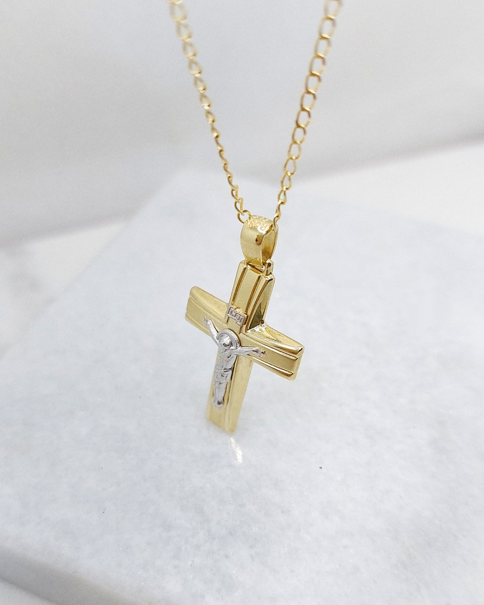Baptism Yellow Gold Cross With White Gold Crucified/14k Gold Cross ...