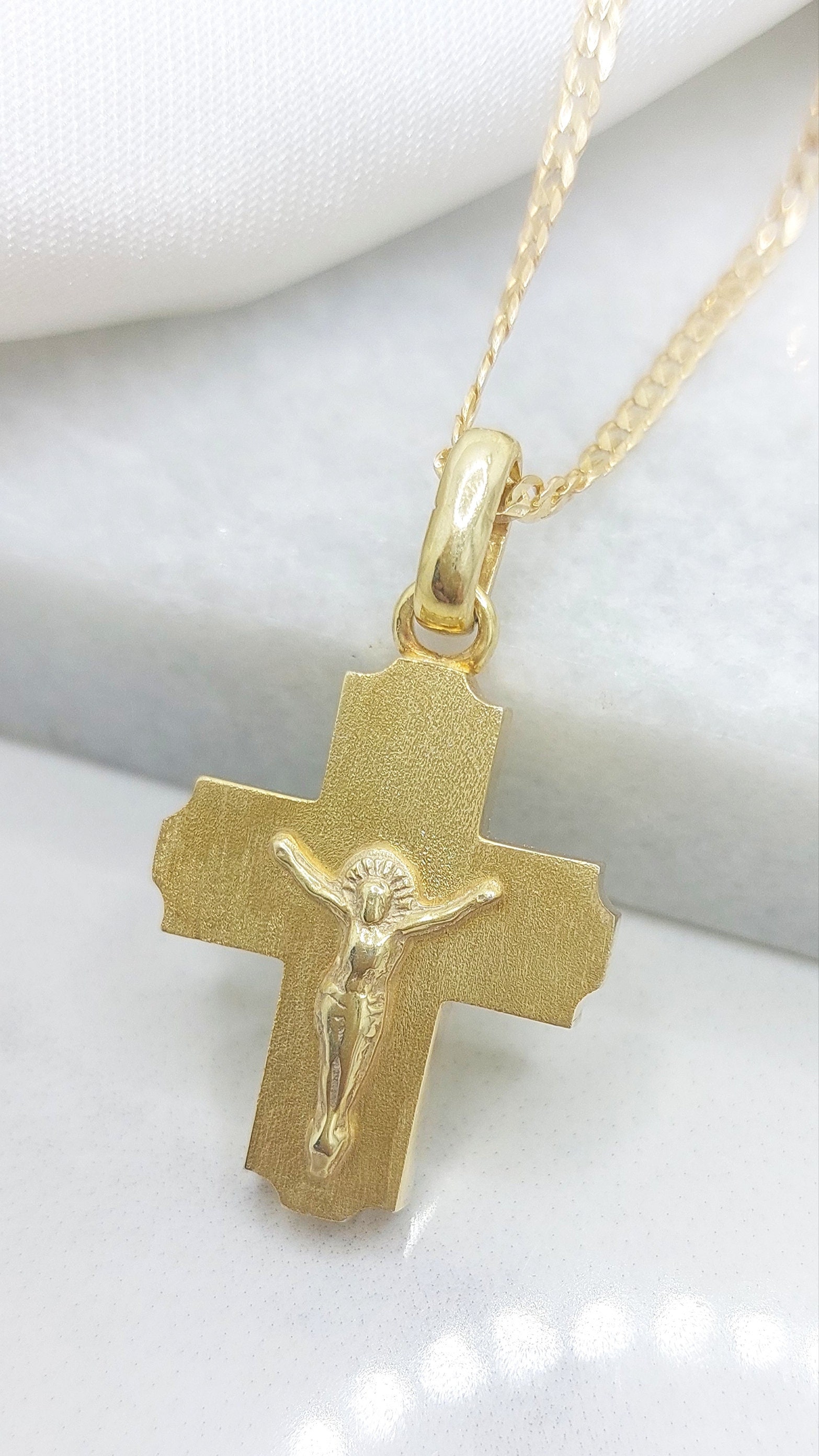 Gold 14k Solid Gross With Crusified, 18k Baptism Gold Cross, Gold ...